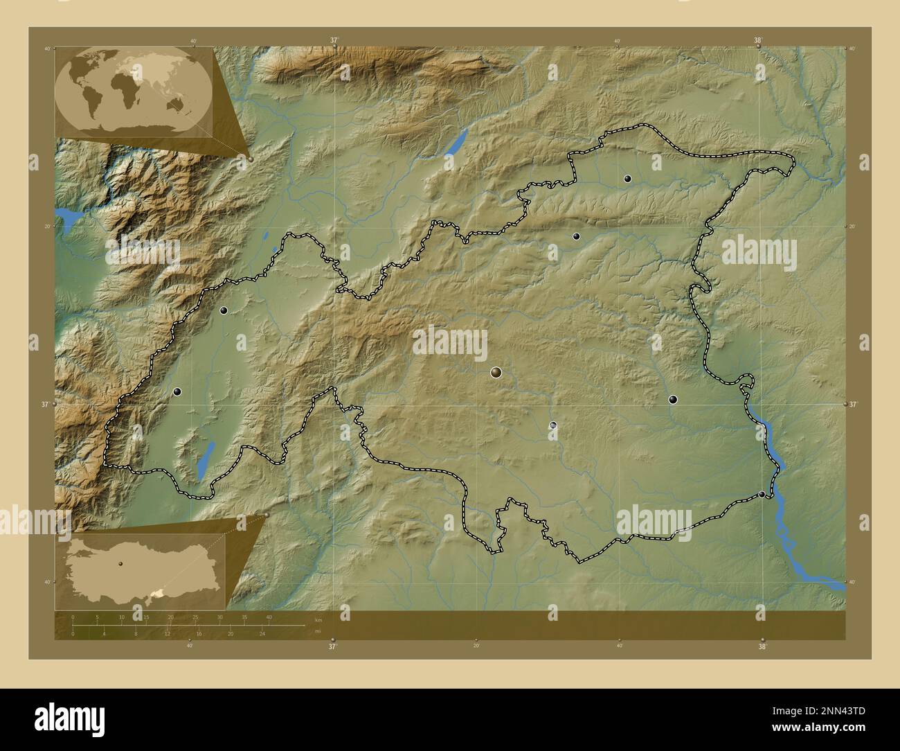 Gaziantep, province of Turkiye. Colored elevation map with lakes and ...