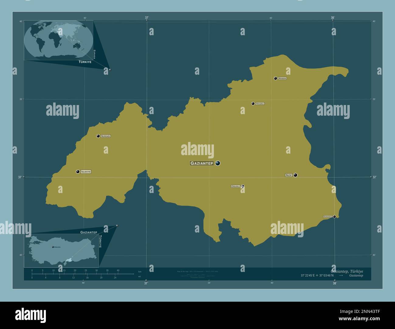 Gaziantep, province of Turkiye. Solid color shape. Locations and names ...