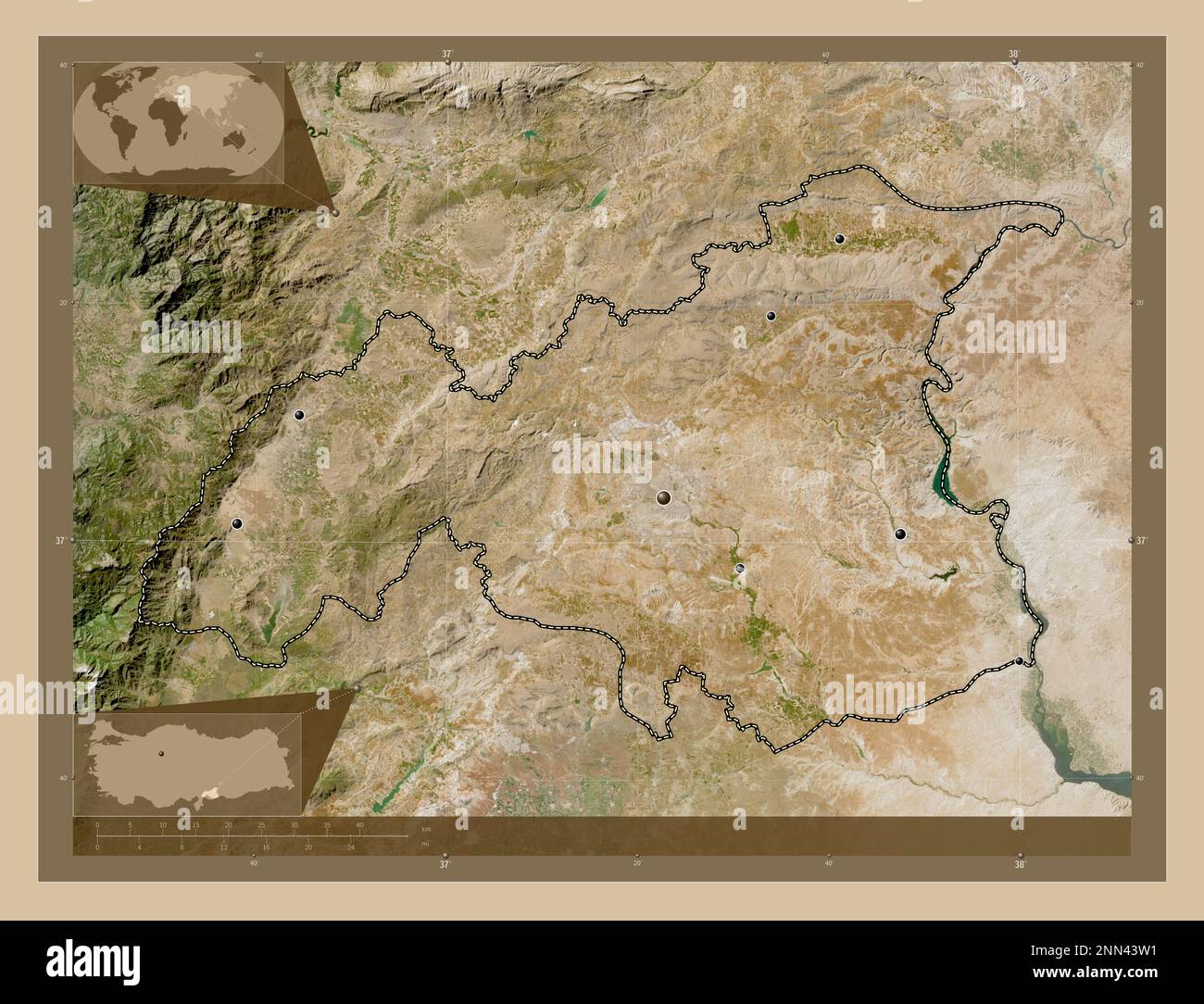 Gaziantep, province of Turkiye. Low resolution satellite map. Locations ...
