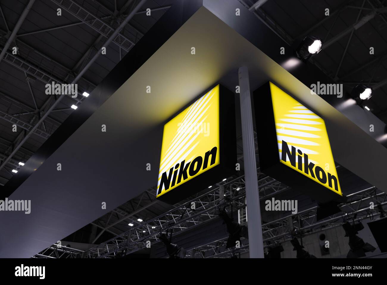 Nikon branding above the company’s exhibition area at the CP+2023 in ... Nikon branding above the company’s exhibition area at the CP+2023 in ...