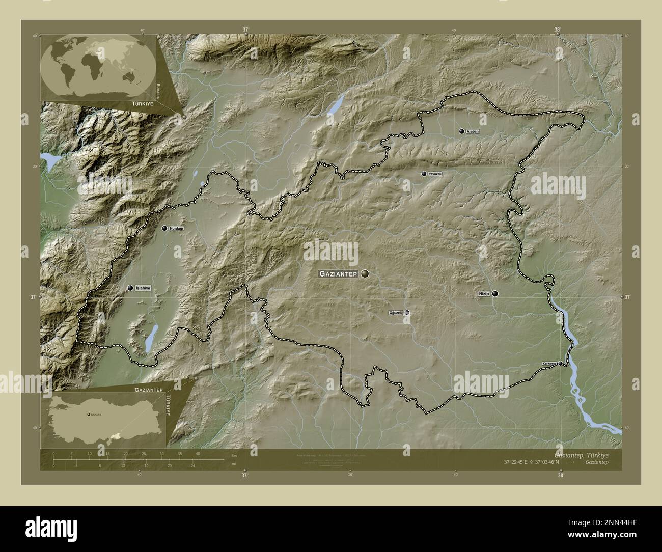 Gaziantep, province of Turkiye. Elevation map colored in wiki style ...