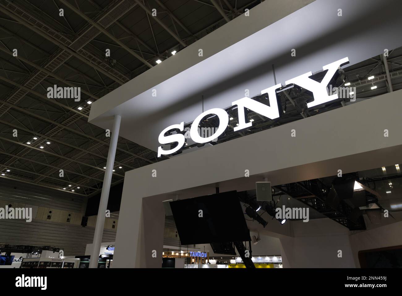 SONY branding above the company’s exhibition area at the CP+2023 in ... SONY branding above the company’s exhibition area at the CP+2023 in ...