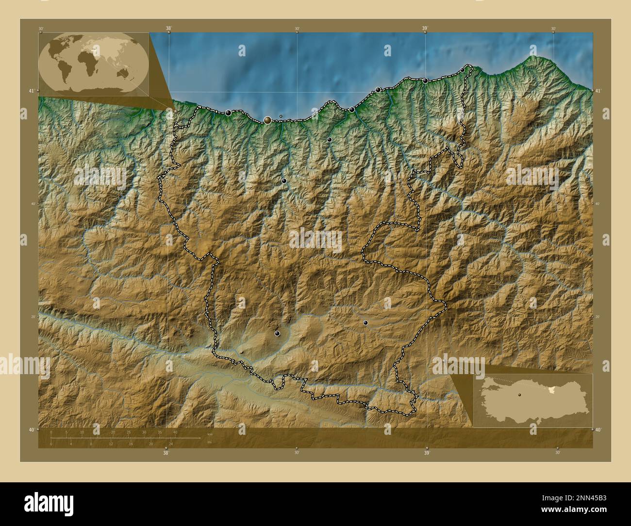 Giresun, province of Turkiye. Colored elevation map with lakes and ...