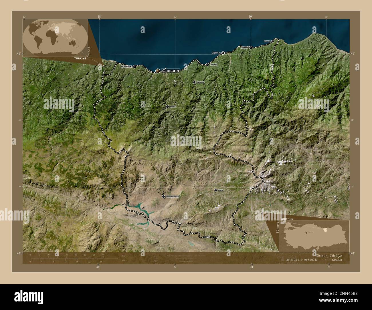 Giresun, province of Turkiye. Low resolution satellite map. Locations ...