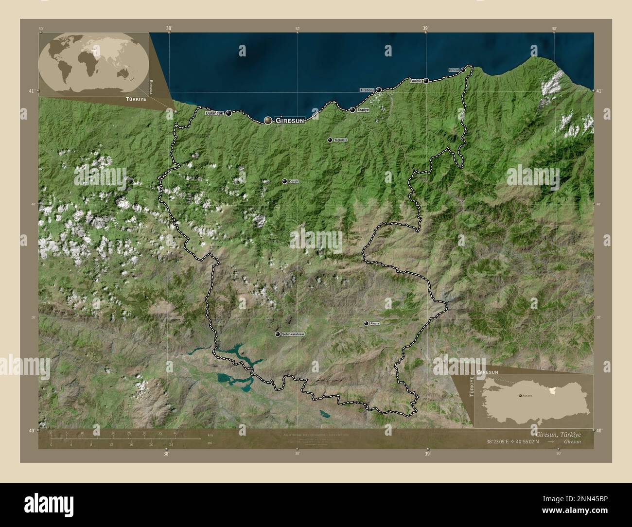 Giresun, province of Turkiye. High resolution satellite map. Locations ...