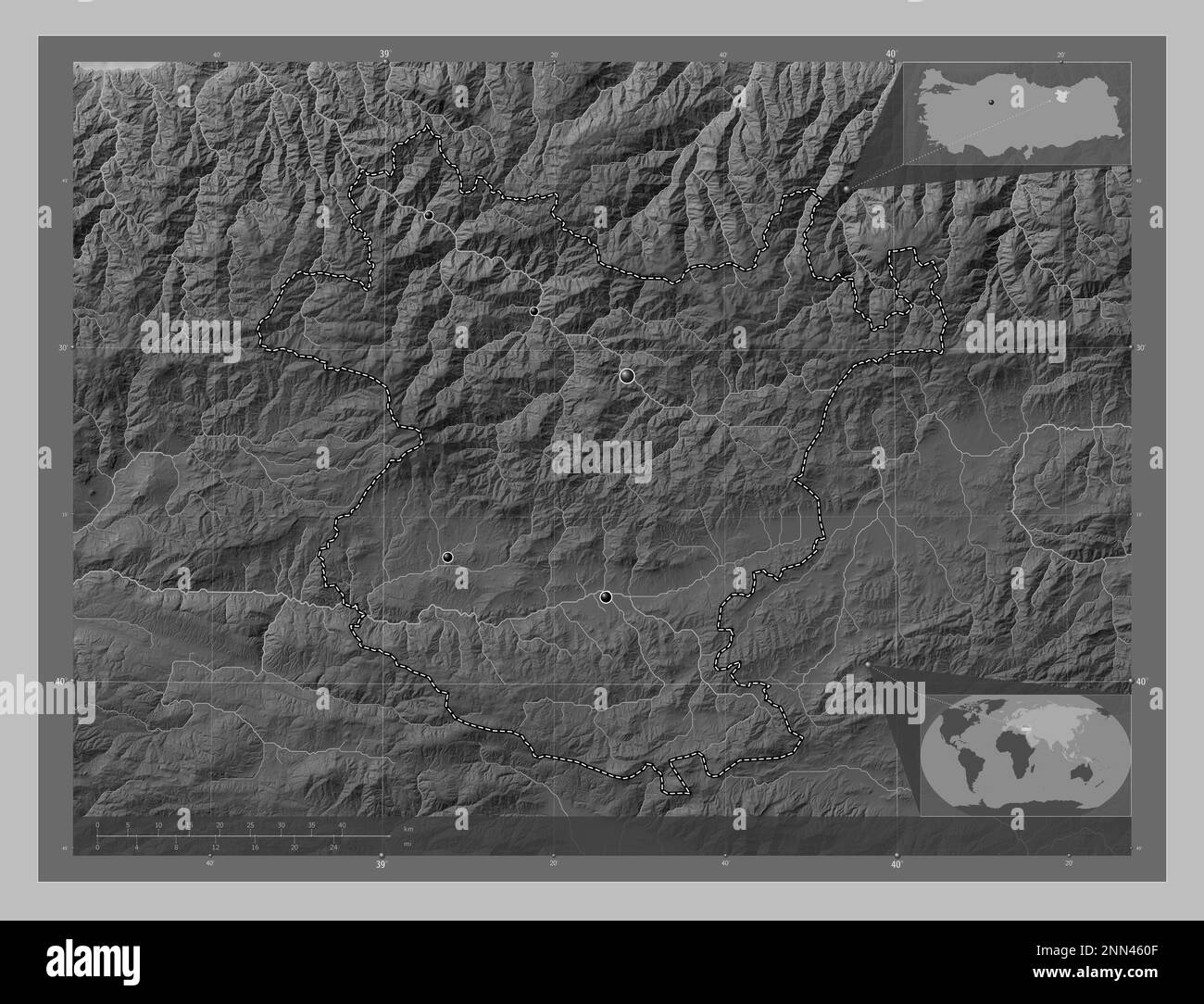 Gumushane, province of Turkiye. Grayscale elevation map with lakes and ...