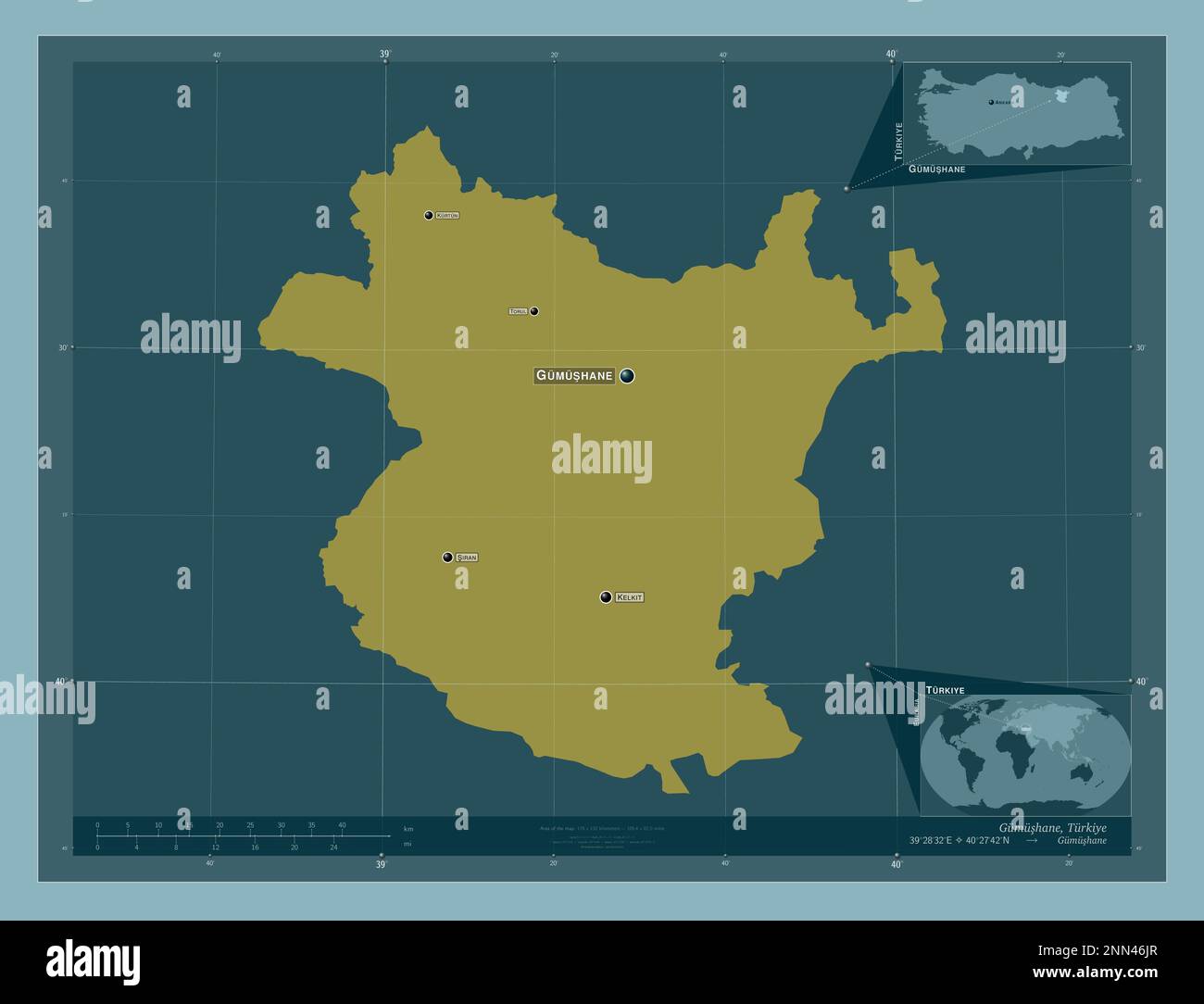 Gumushane, province of Turkiye. Solid color shape. Locations and names ...