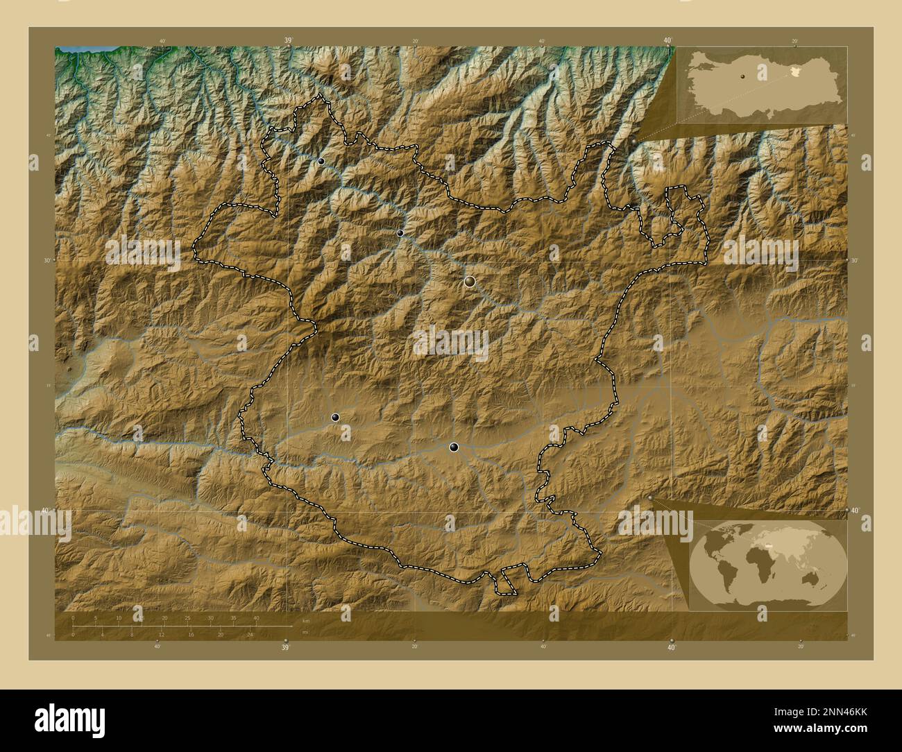 Gumushane, province of Turkiye. Colored elevation map with lakes and ...