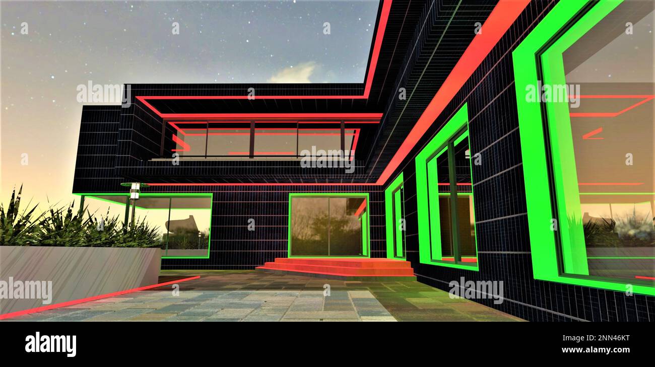 Combined illumination of the stylish contemporary house facade. Green ...