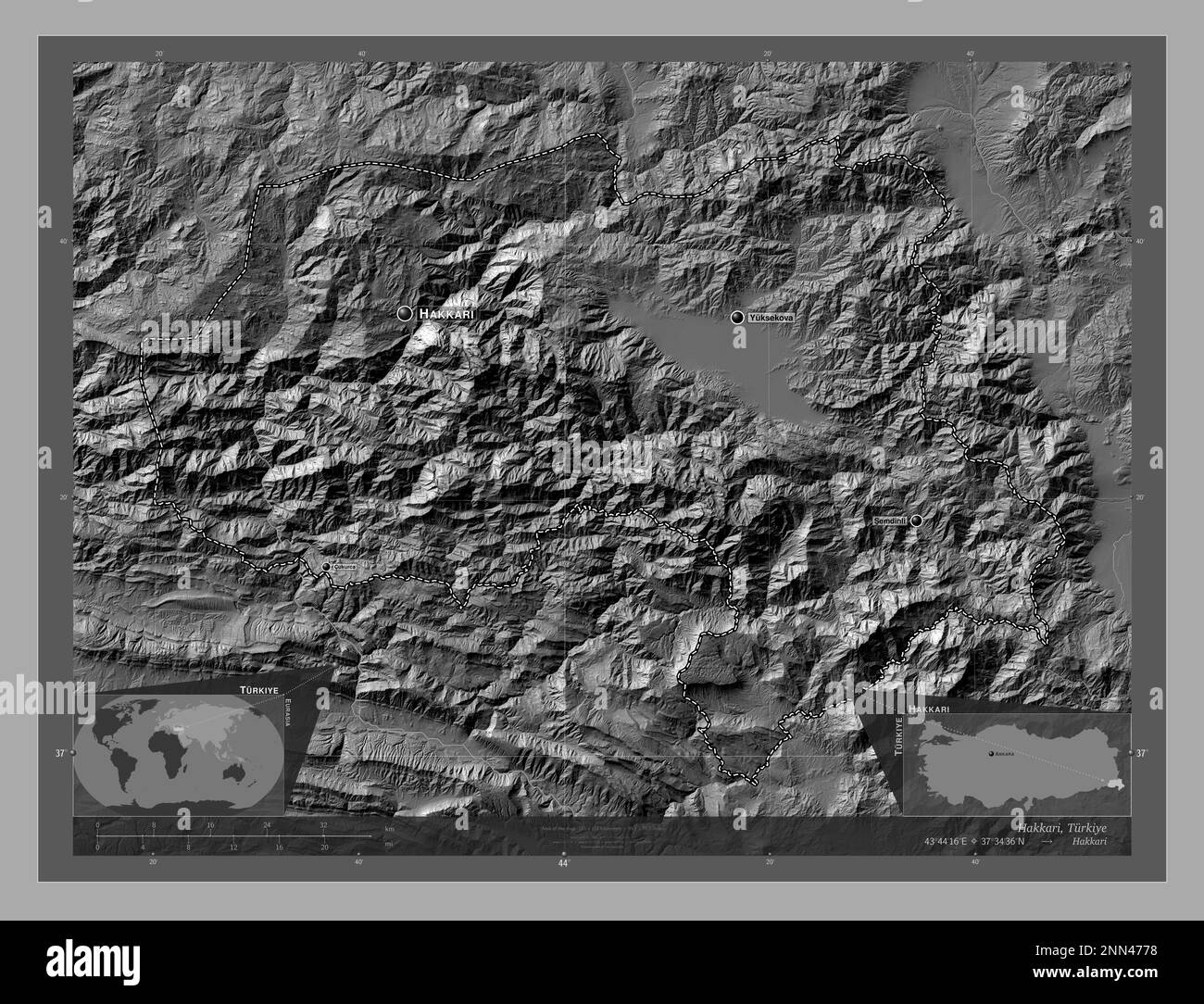 Hakkari, province of Turkiye. Bilevel elevation map with lakes and ...