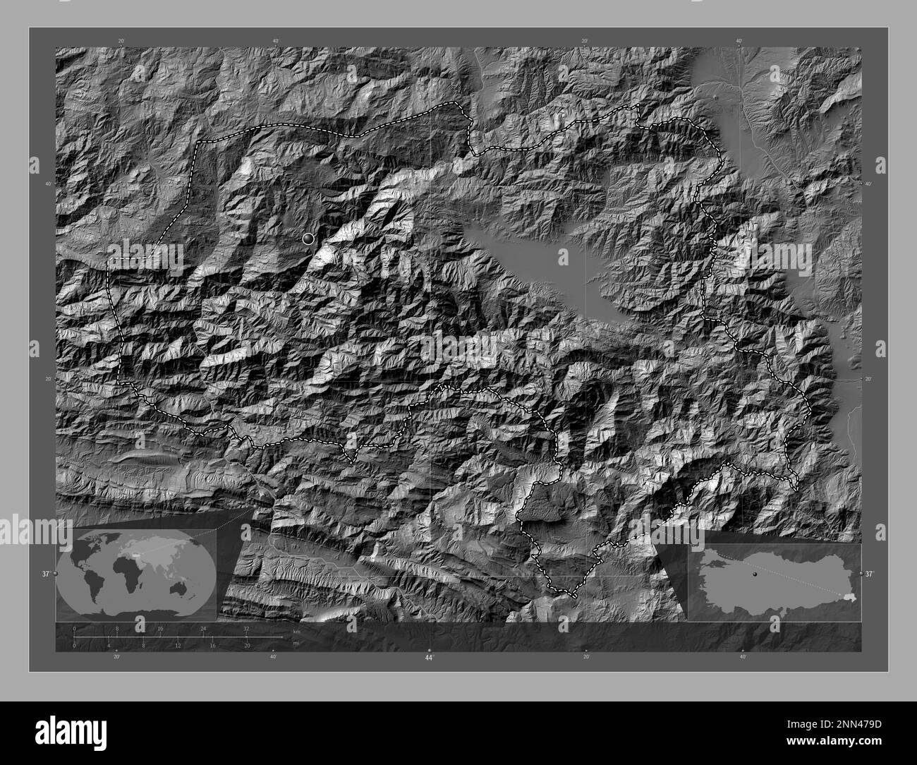 Hakkari, province of Turkiye. Bilevel elevation map with lakes and ...