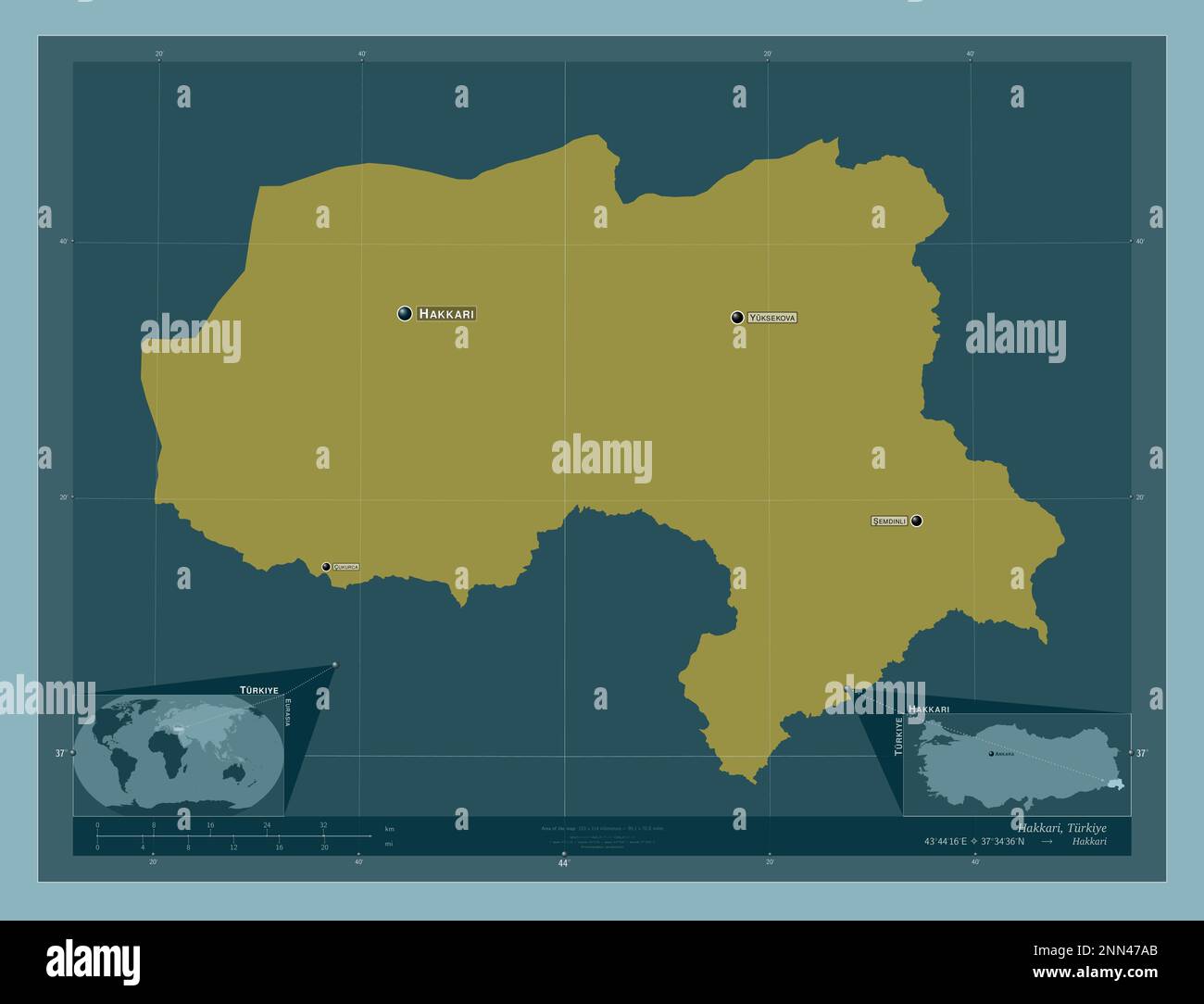 Hakkari, province of Turkiye. Solid color shape. Locations and names of ...