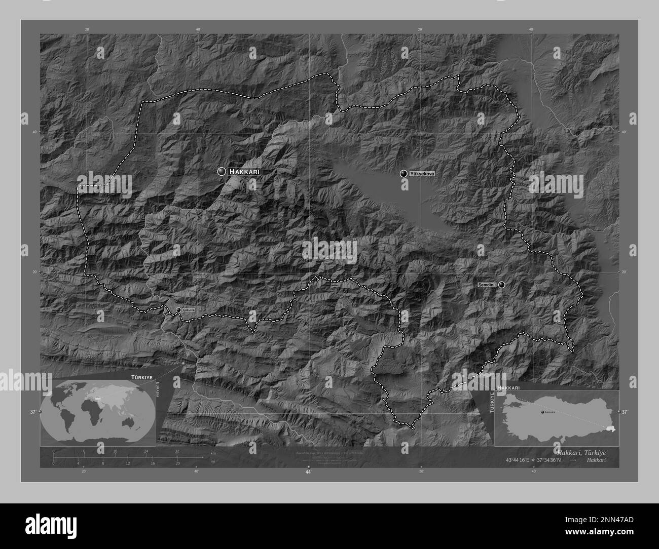 Hakkari, province of Turkiye. Grayscale elevation map with lakes and rivers. Locations and names ...