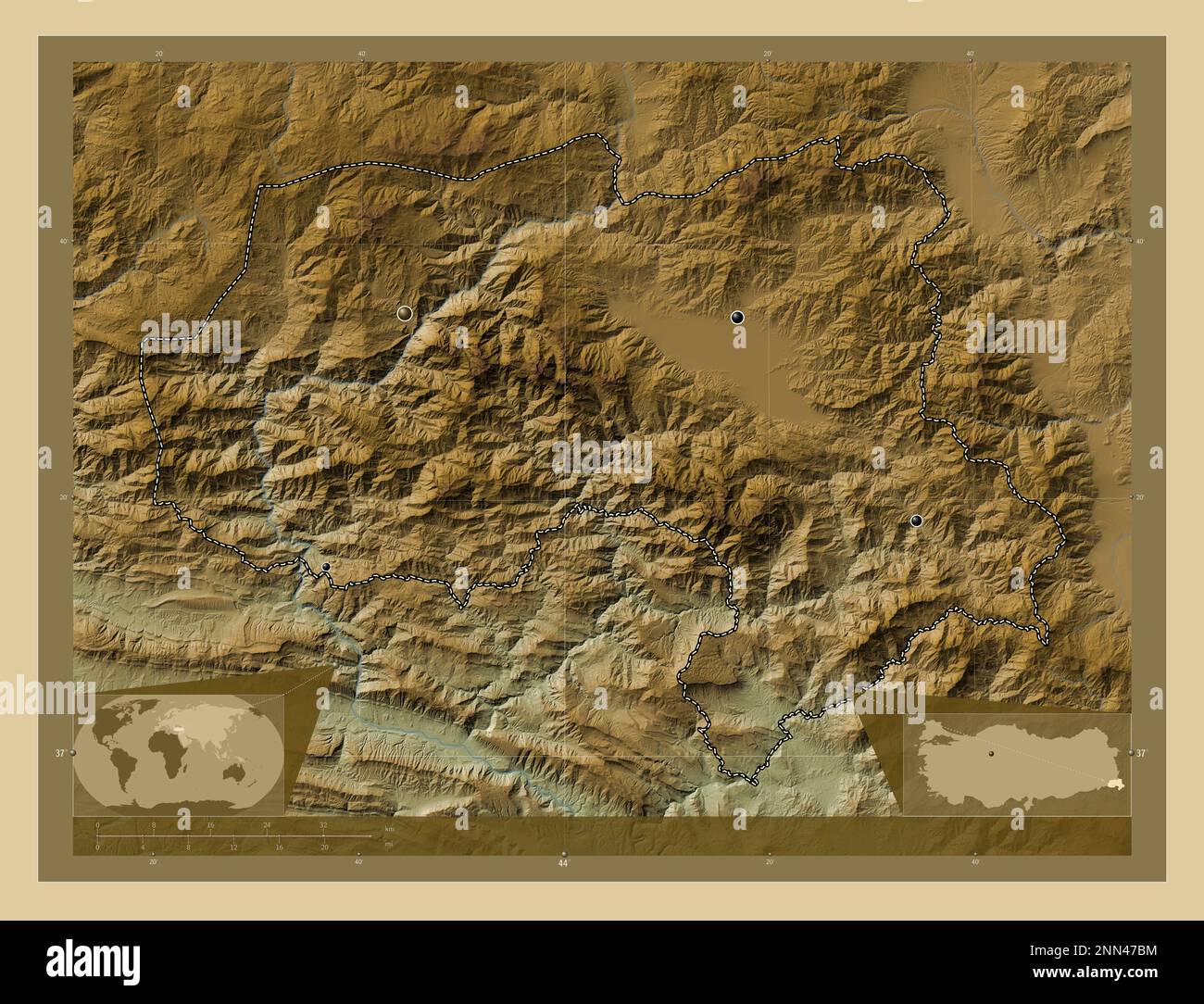 Hakkari, province of Turkiye. Colored elevation map with lakes and ...