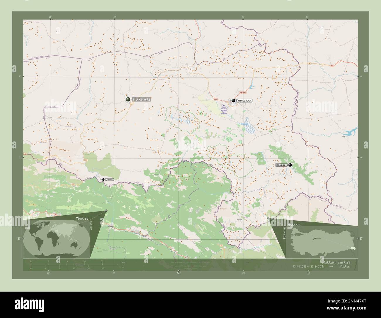 Hakkari, province of Turkiye. Open Street Map. Locations and names of ...