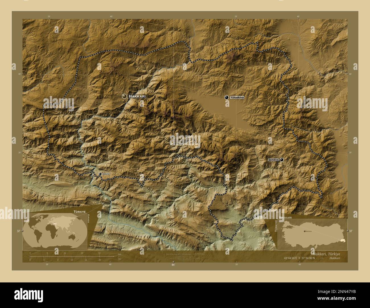 Hakkari, province of Turkiye. Colored elevation map with lakes and rivers. Locations and names ...
