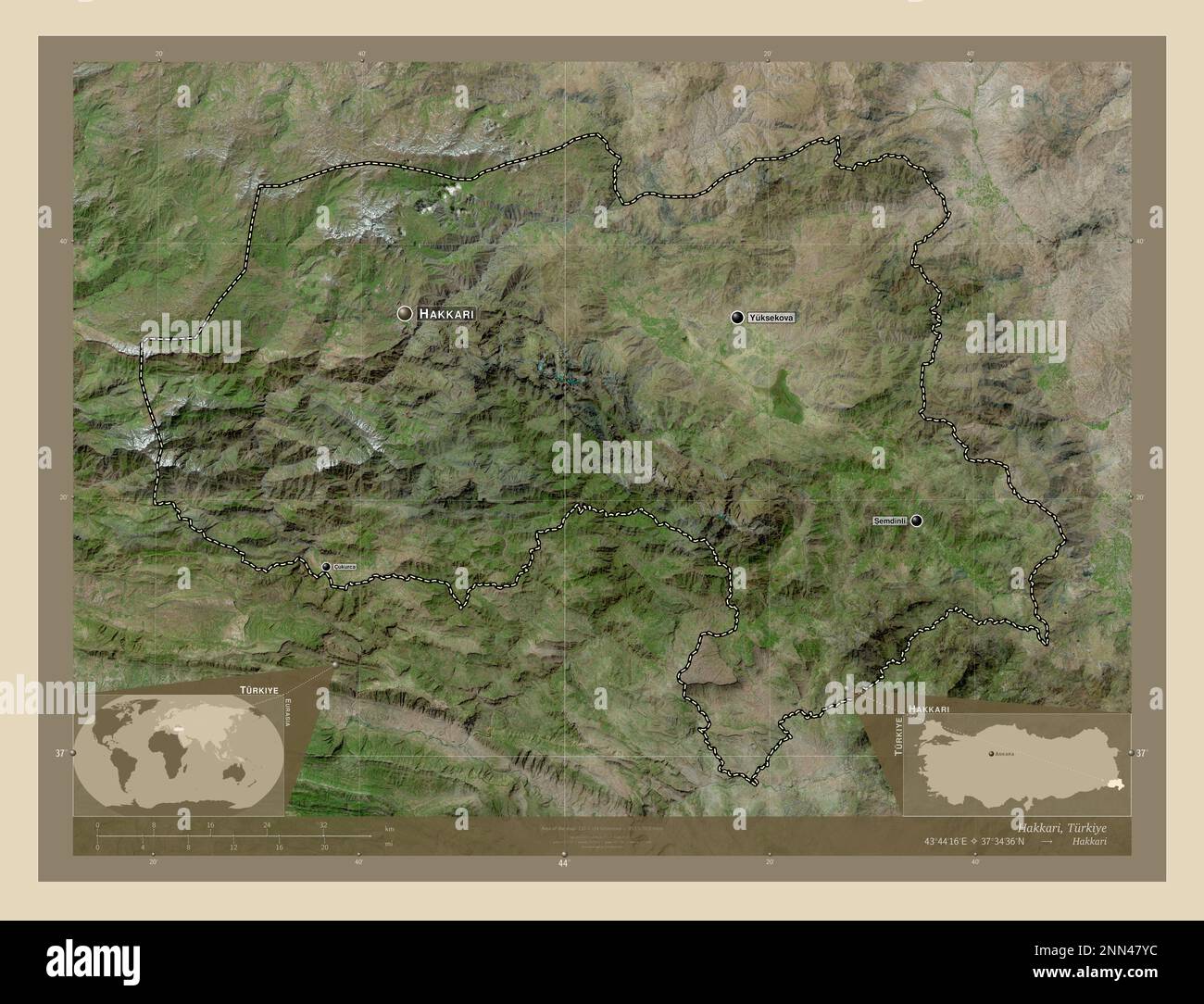Hakkari, province of Turkiye. High resolution satellite map. Locations and names of major cities ...