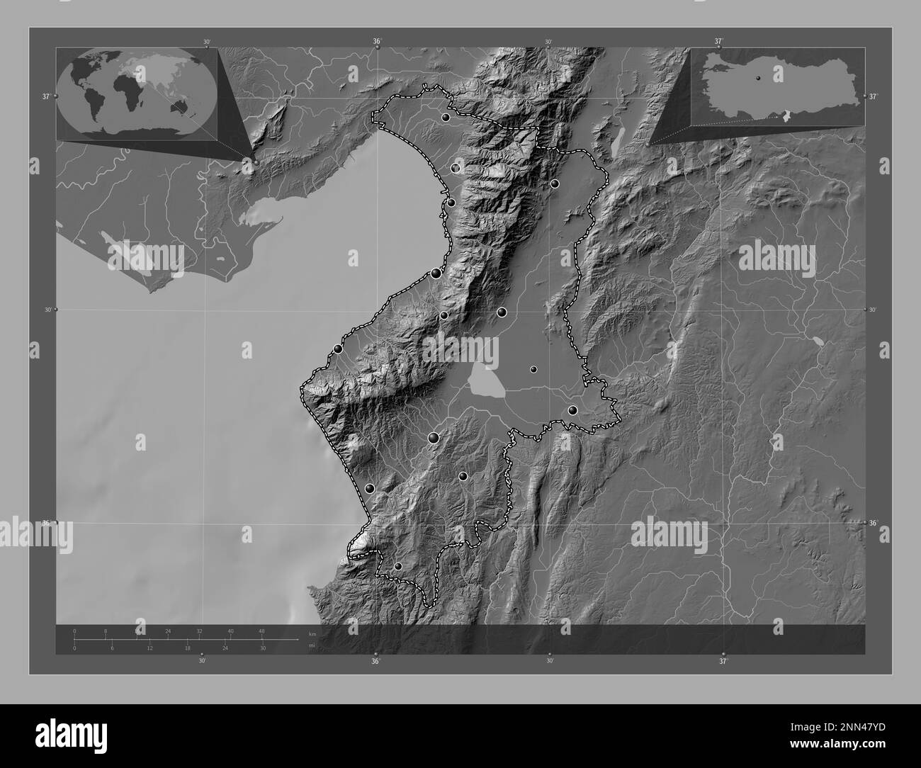 Hatay, province of Turkiye. Bilevel elevation map with lakes and rivers ...
