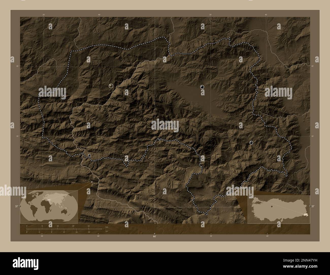 Hakkari, province of Turkiye. Elevation map colored in sepia tones with ...