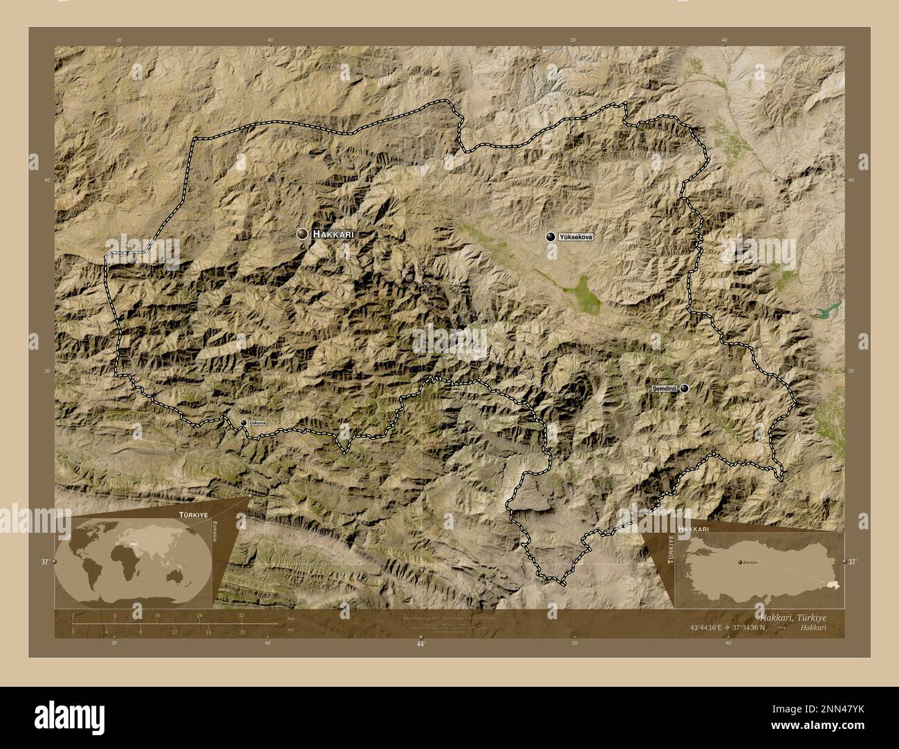 Hakkari, province of Turkiye. Low resolution satellite map. Locations and names of major cities ...