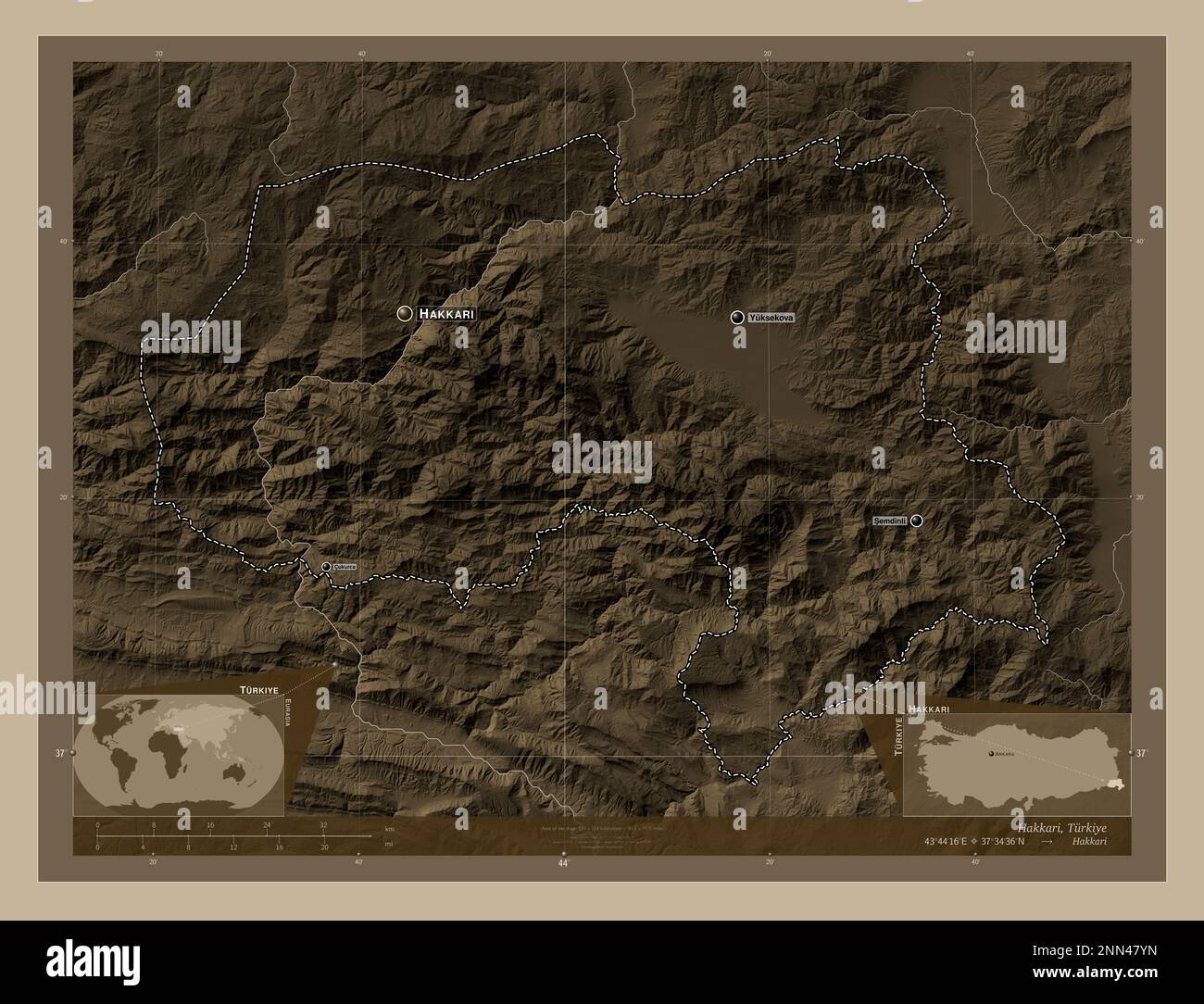 Hakkari, province of Turkiye. Elevation map colored in sepia tones with ...