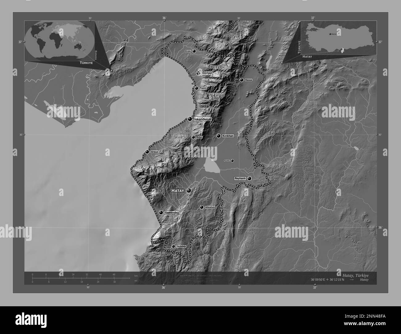 Hatay, province of Turkiye. Bilevel elevation map with lakes and rivers ...
