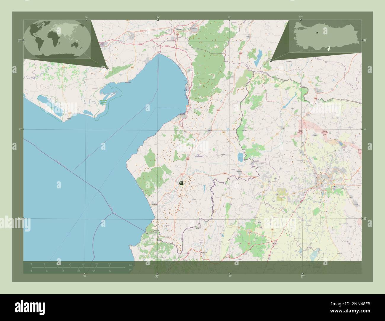 Hatay, province of Turkiye. Open Street Map. Corner auxiliary location ...