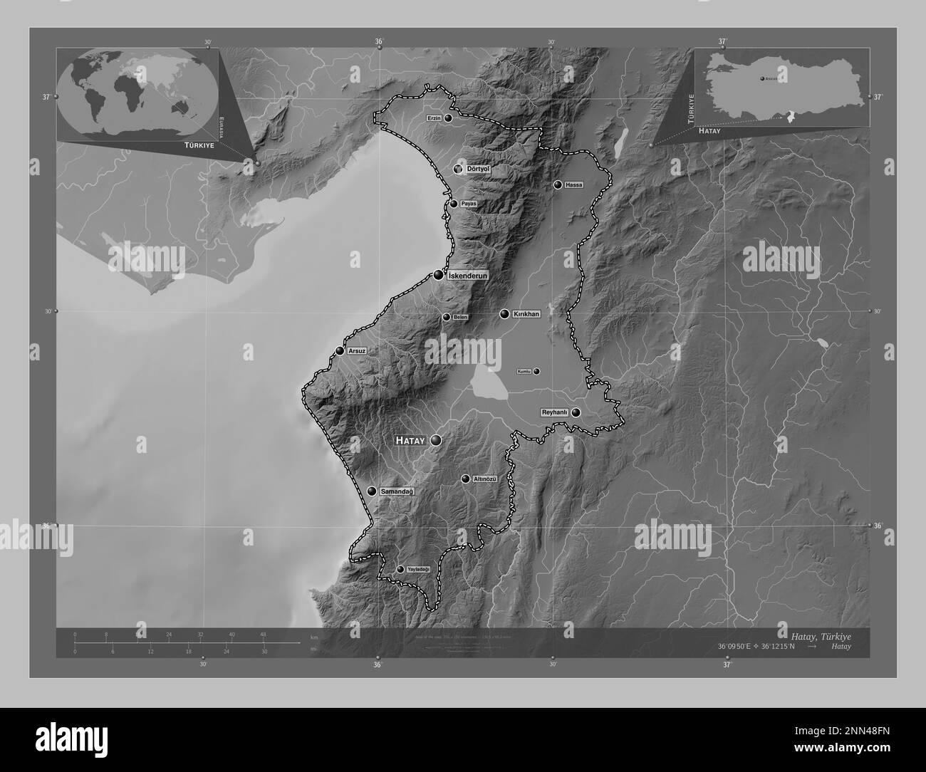 Hatay, province of Turkiye. Grayscale elevation map with lakes and ...