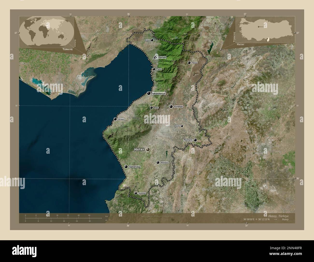 Hatay, province of Turkiye. High resolution satellite map. Locations ...