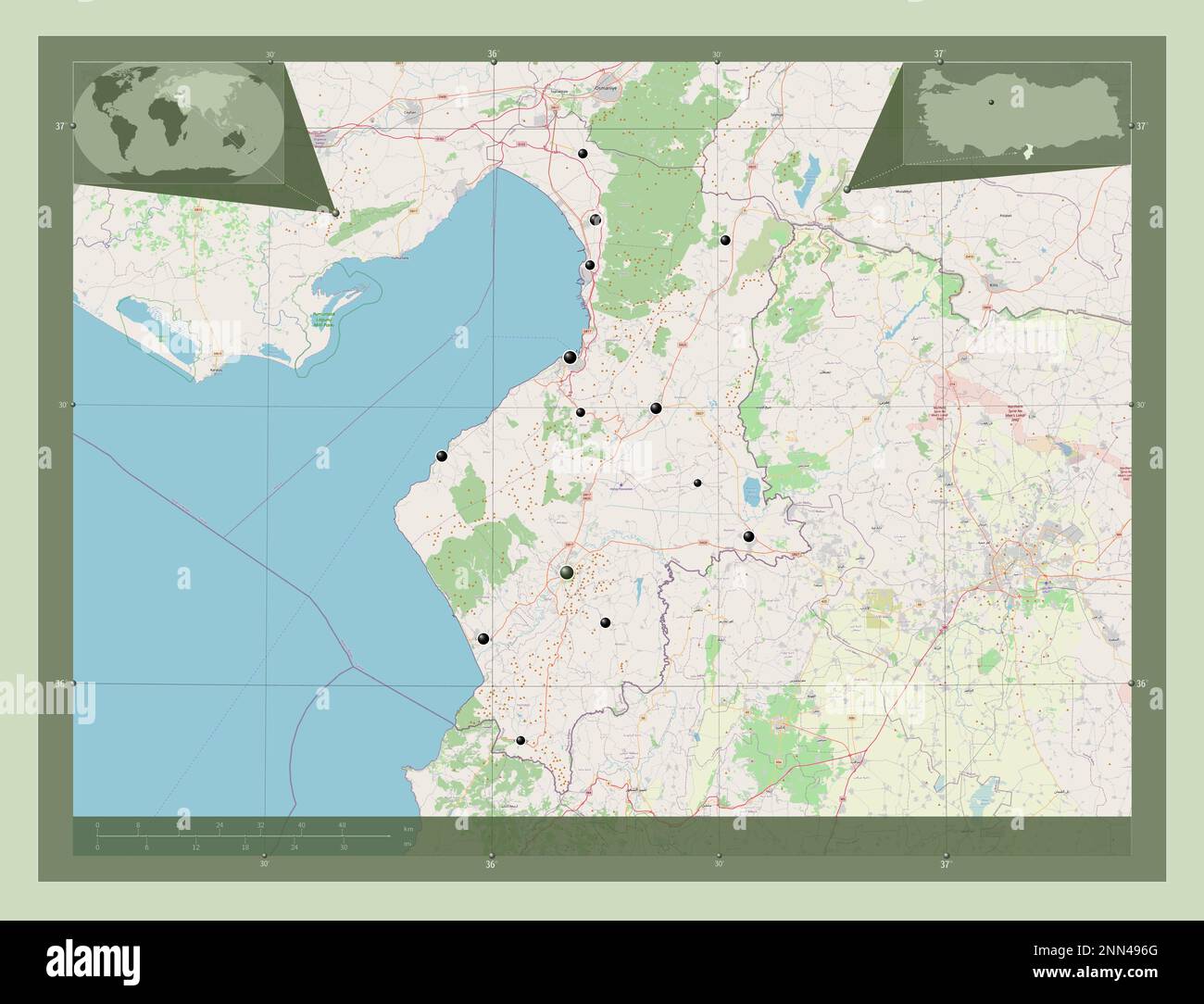 Hatay, province of Turkiye. Open Street Map. Locations of major cities ...