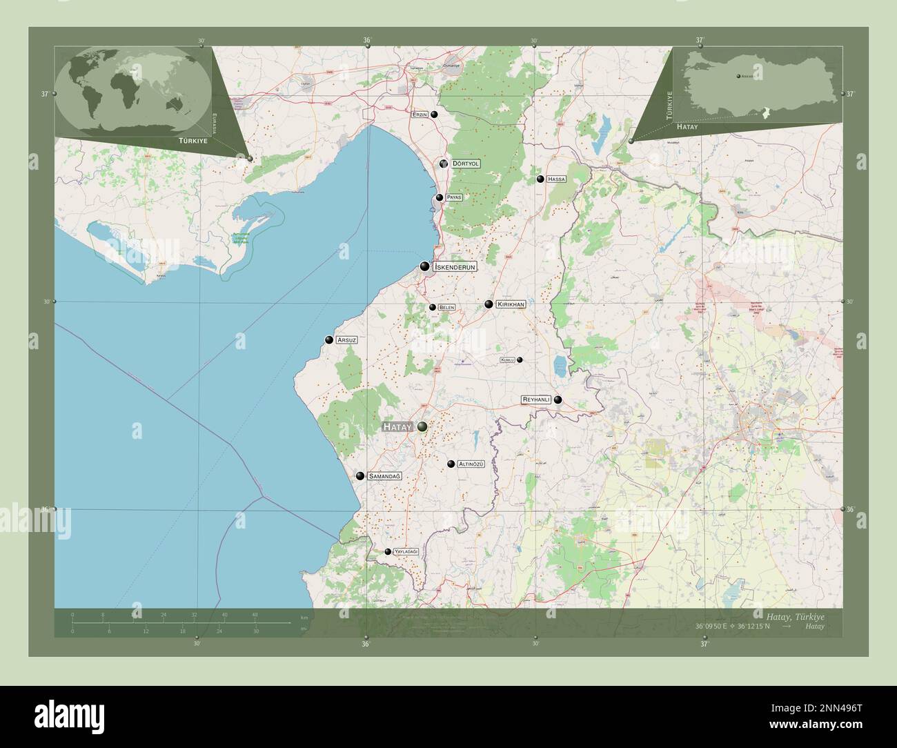 Hatay, province of Turkiye. Open Street Map. Locations and names of ...