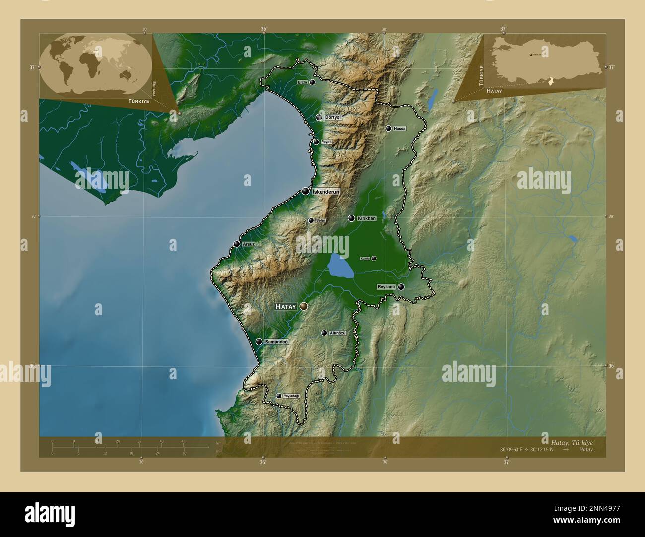 Hatay, province of Turkiye. Colored elevation map with lakes and rivers ...