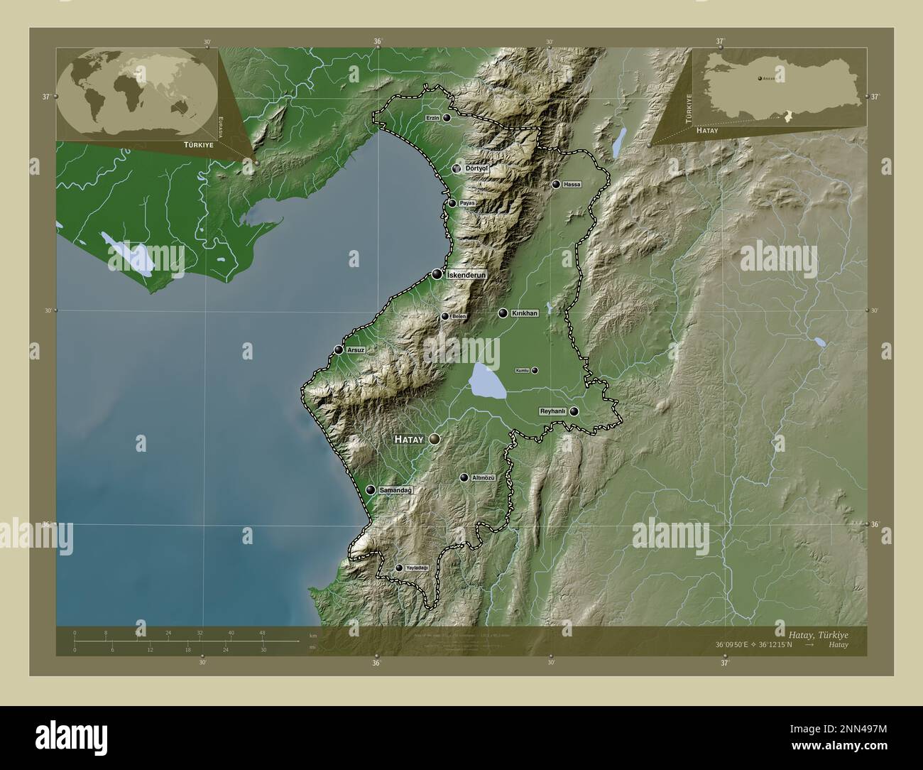 Hatay, province of Turkiye. Elevation map colored in wiki style with ...