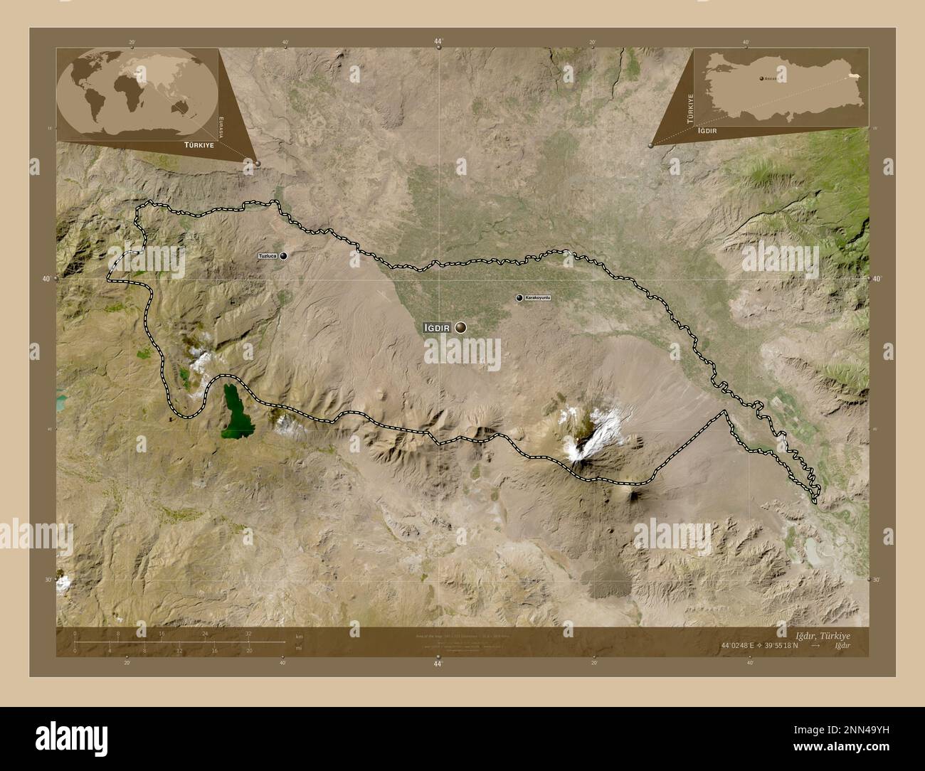 Igdr, province of Turkiye. Low resolution satellite map. Locations and ...