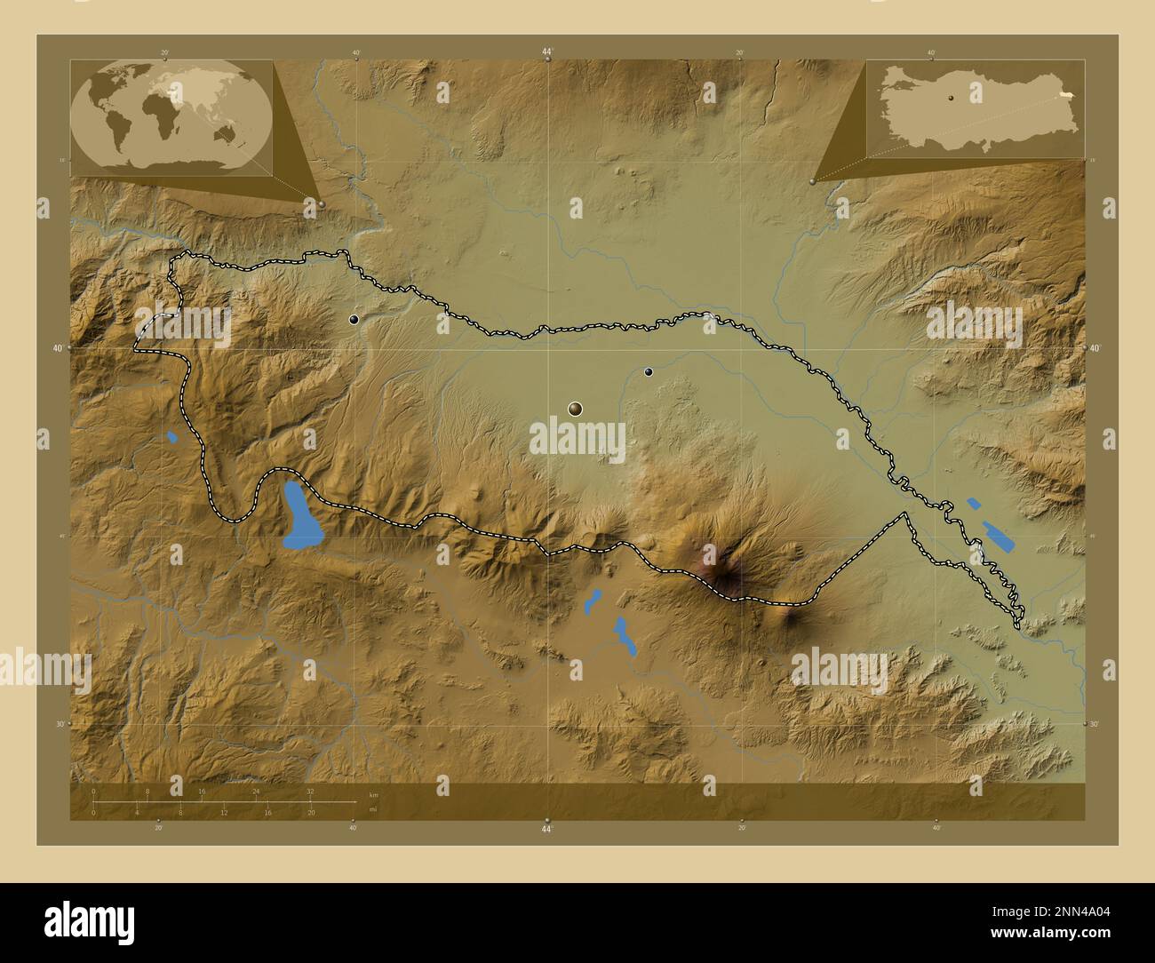 Igdr, province of Turkiye. Colored elevation map with lakes and rivers ...