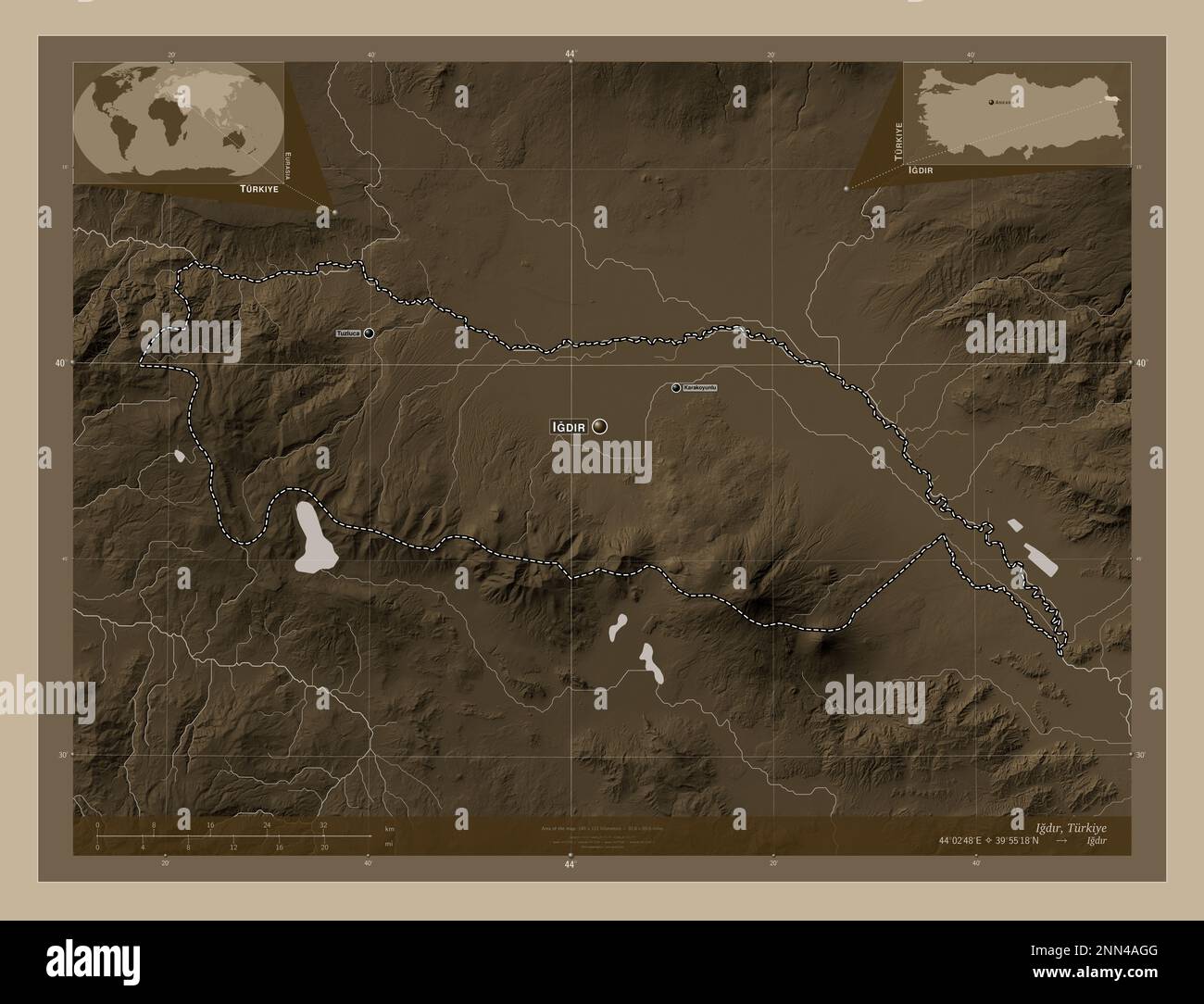 Igdr, province of Turkiye. Elevation map colored in sepia tones with ...