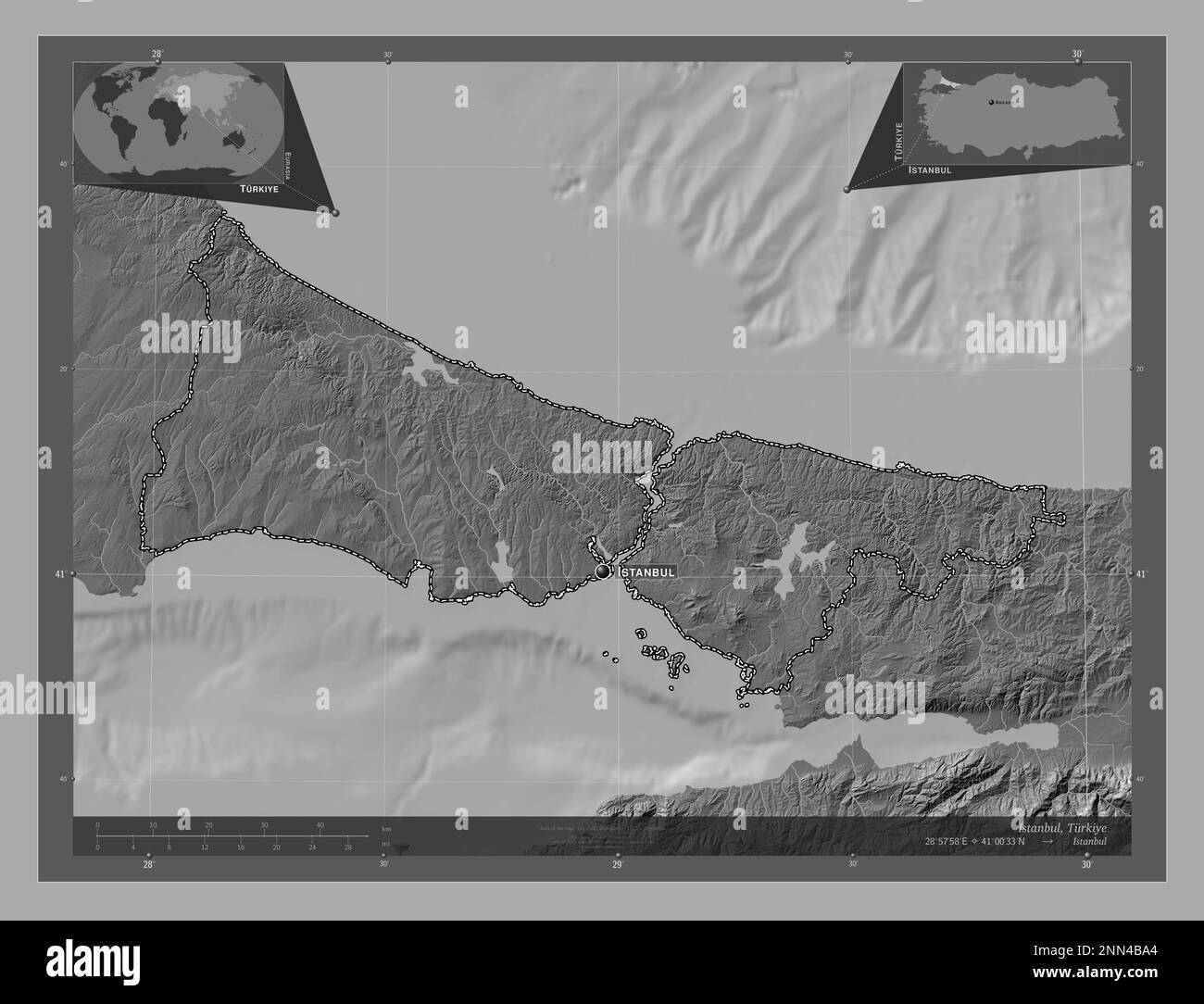 Istanbul, province of Turkiye. Bilevel elevation map with lakes and ...