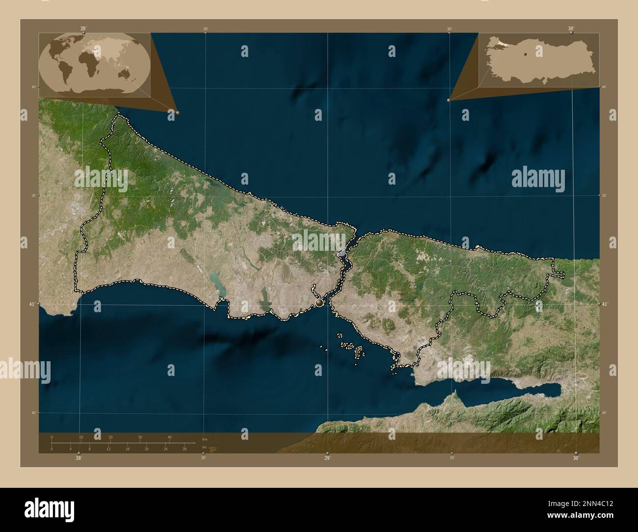 Istanbul, province of Turkiye. Low resolution satellite map. Corner ...