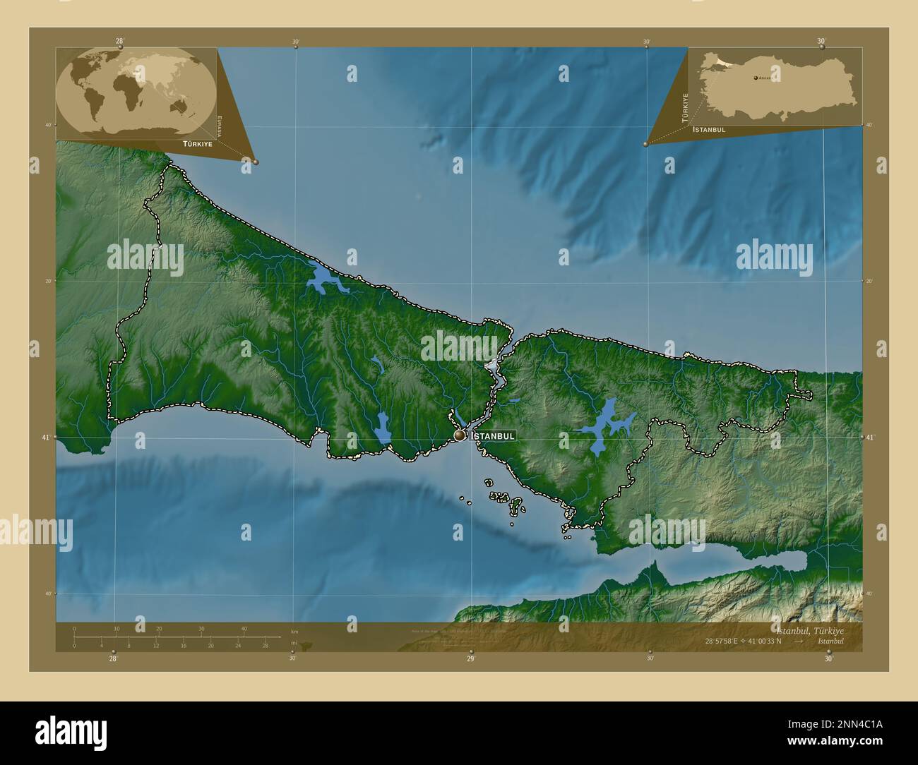 Istanbul, province of Turkiye. Colored elevation map with lakes and ...
