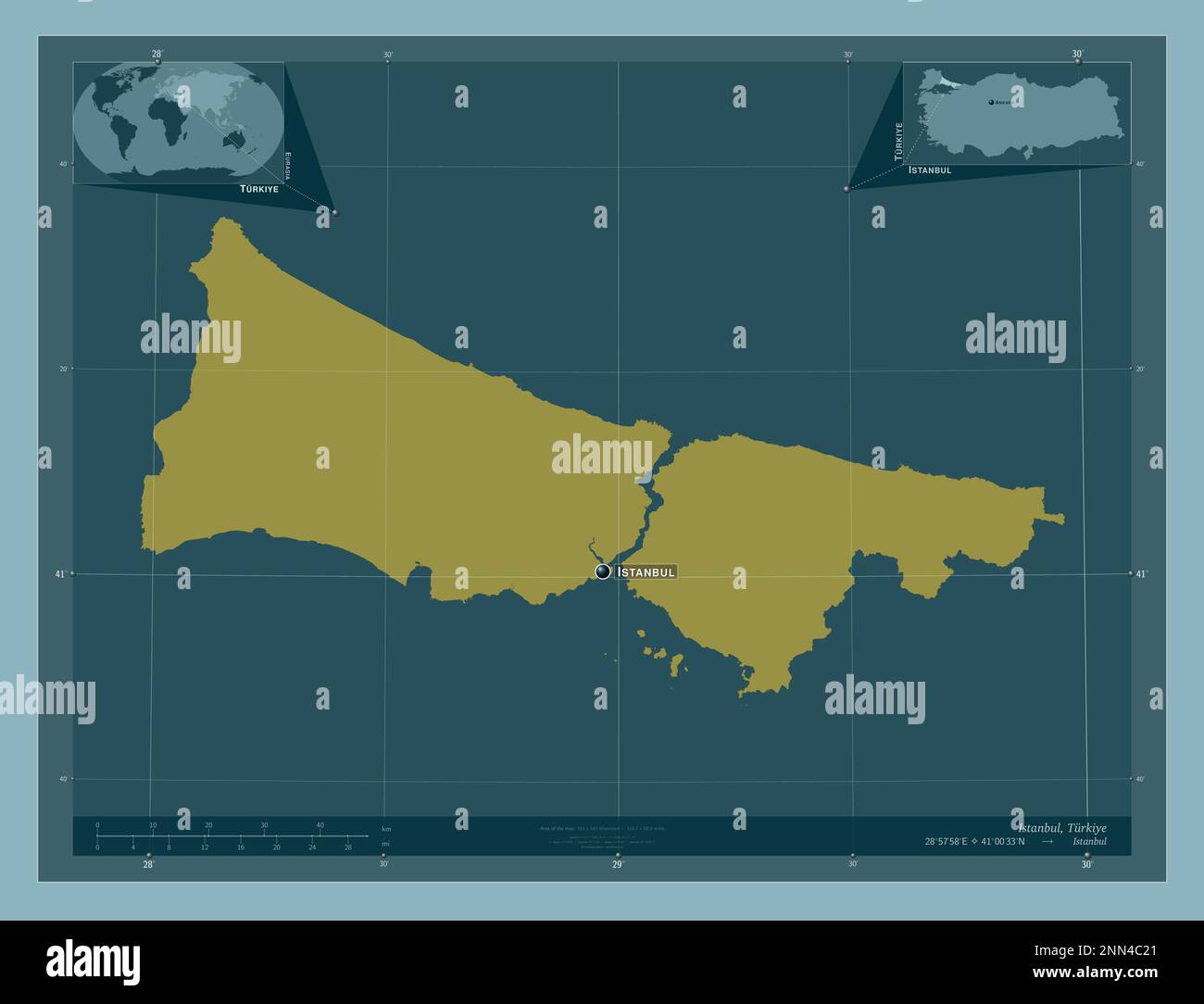 Istanbul, province of Turkiye. Solid color shape. Locations and names ...