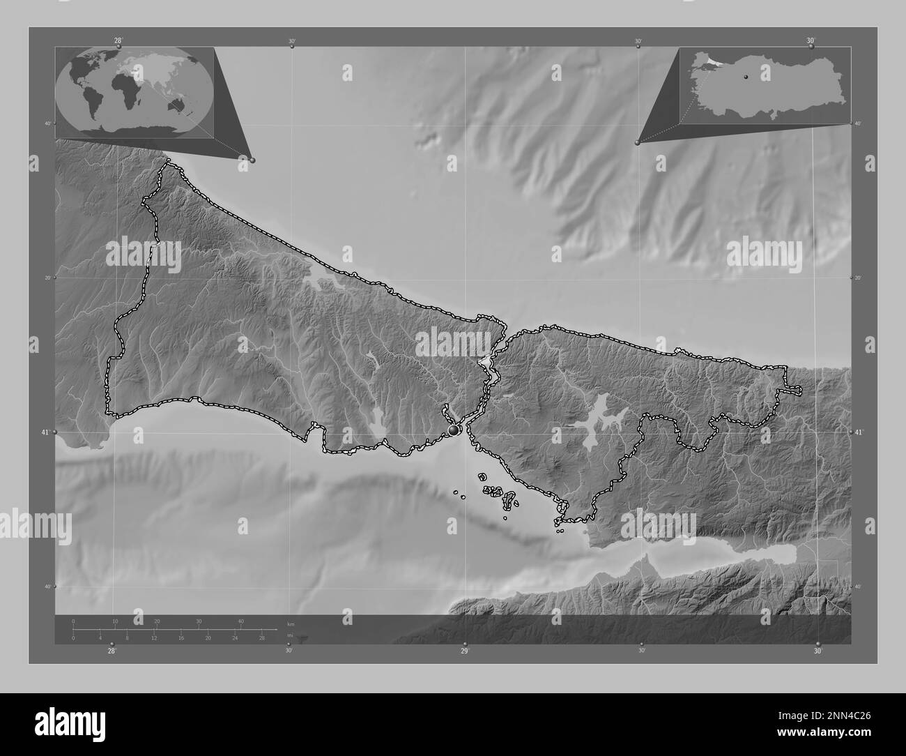 Istanbul, province of Turkiye. Grayscale elevation map with lakes and ...