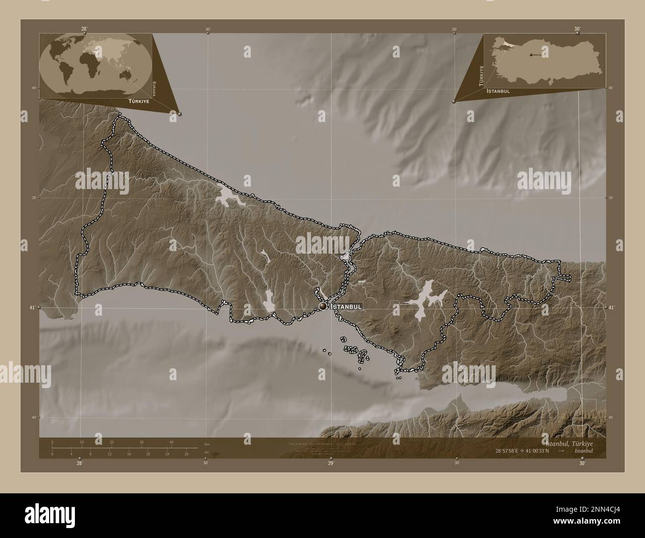 Istanbul, province of Turkiye. Elevation map colored in sepia tones ...