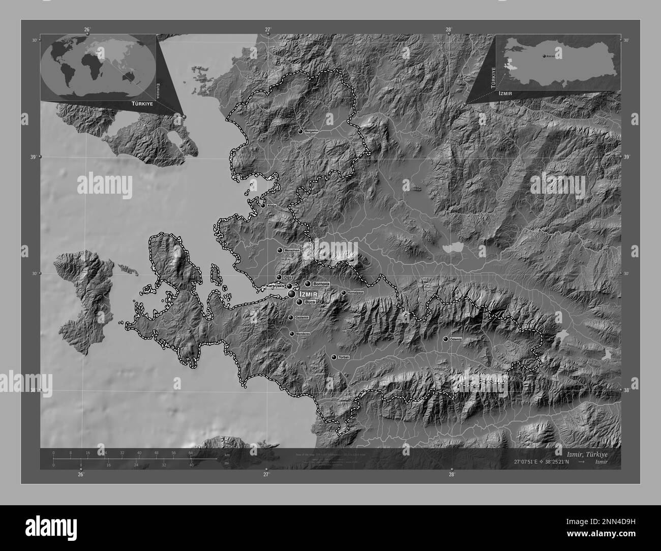 Izmir, province of Turkiye. Bilevel elevation map with lakes and rivers ...