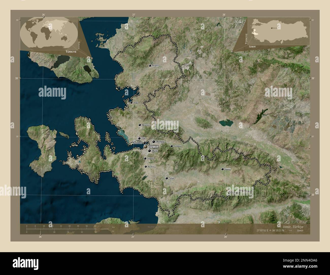 Izmir, province of Turkiye. High resolution satellite map. Locations ...