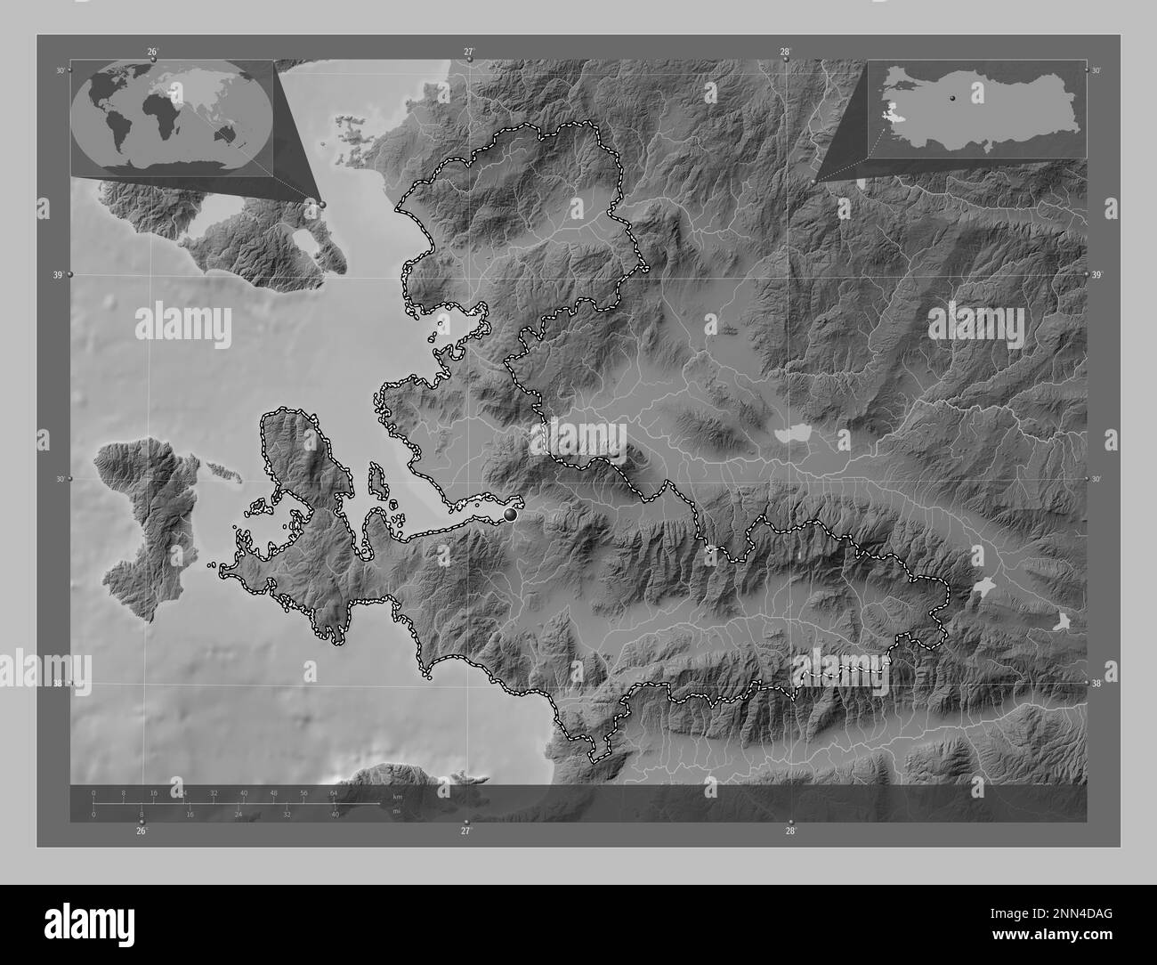 Izmir, province of Turkiye. Grayscale elevation map with lakes and ...