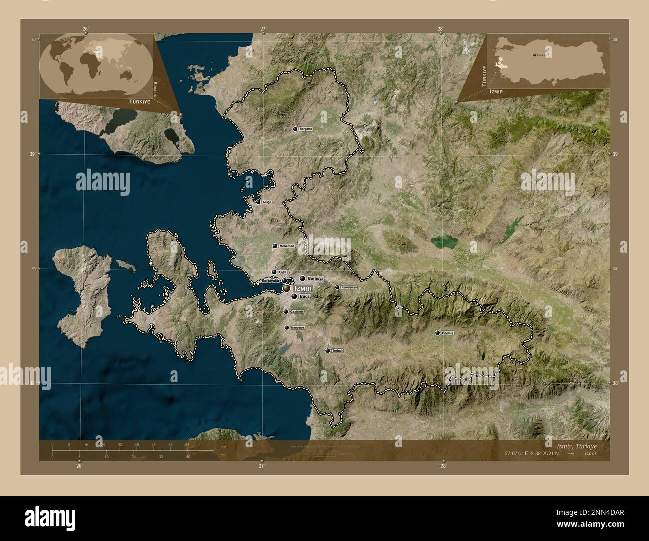 Izmir, province of Turkiye. Low resolution satellite map. Locations and ...