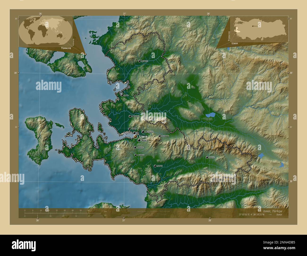 Izmir, province of Turkiye. Colored elevation map with lakes and rivers ...