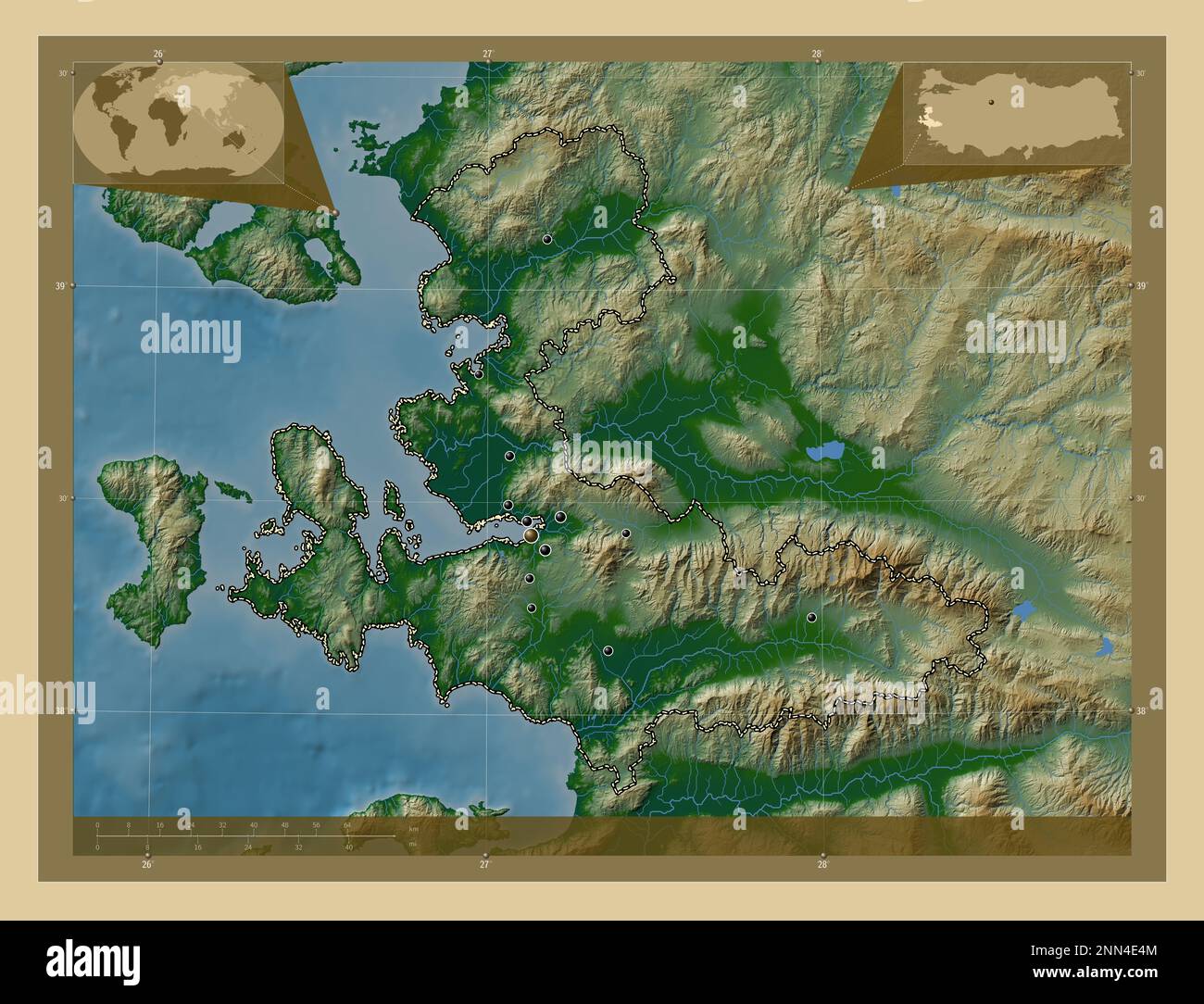 Izmir, province of Turkiye. Colored elevation map with lakes and rivers ...
