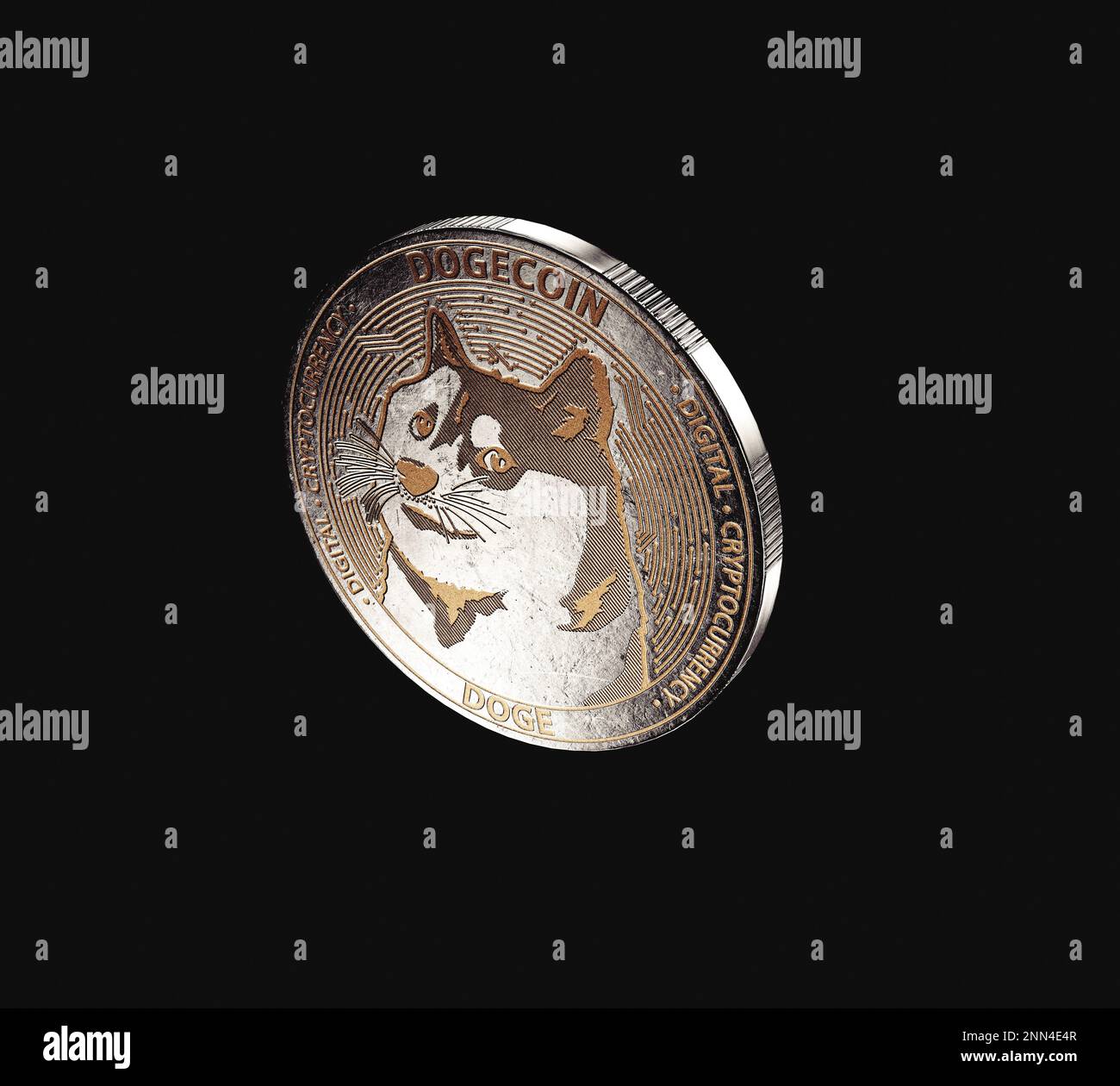 A dimly lit physical doge cryptocurrency in bronze and silver coin form ...
