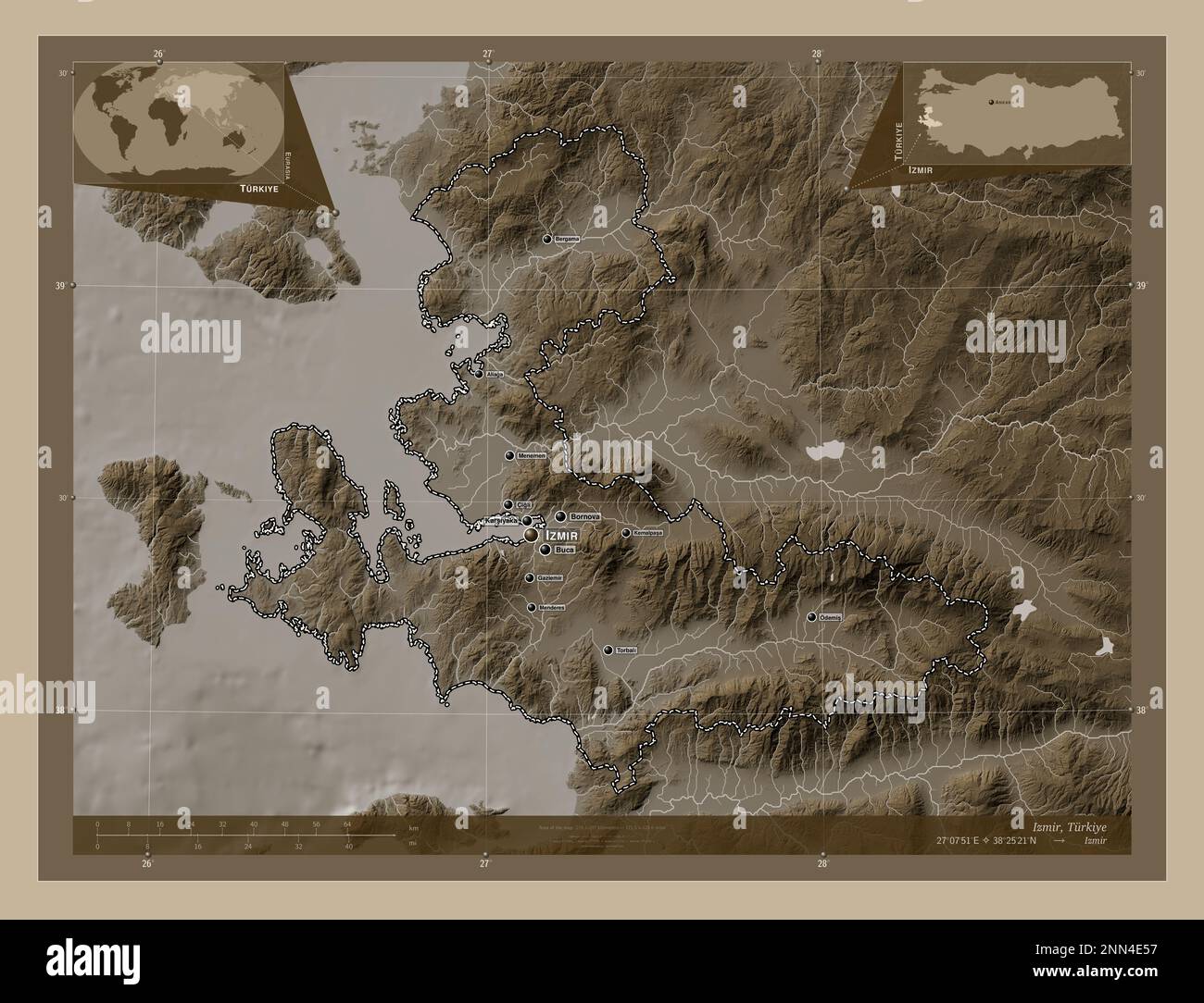 Izmir, province of Turkiye. Elevation map colored in sepia tones with ...
